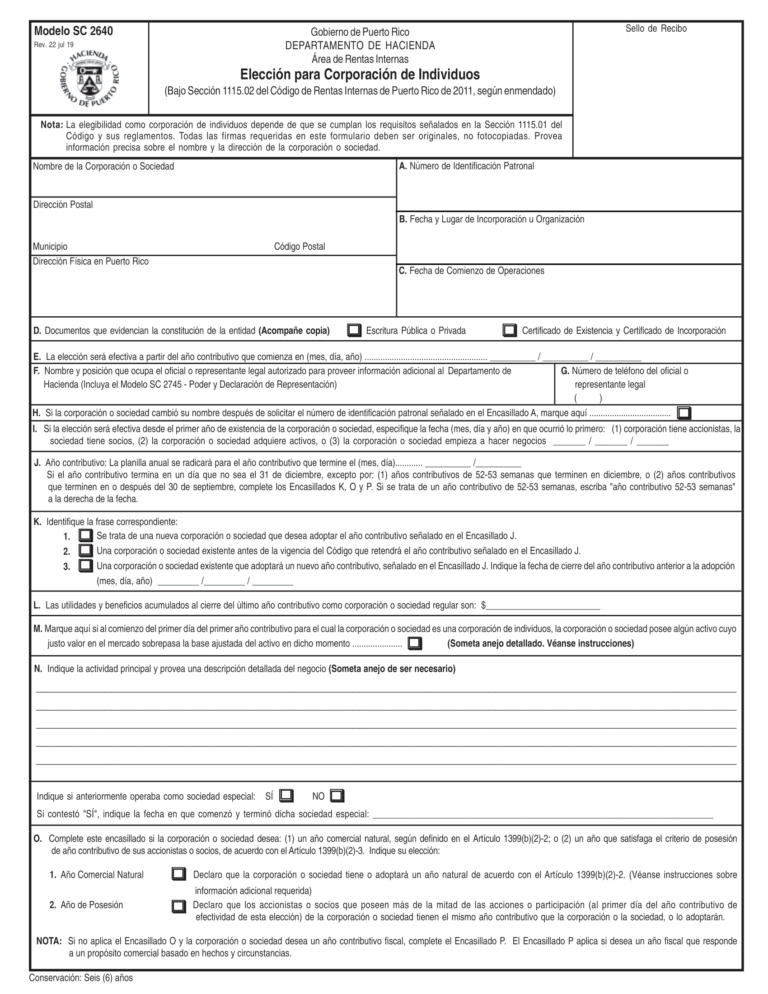 Modelo SC 2640: Elección para Corporación de Individuos » Tax al Día
